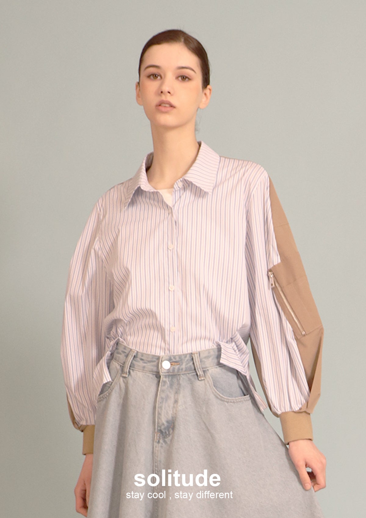 Beige Striped Mixed Fabric Shirt – solitude
